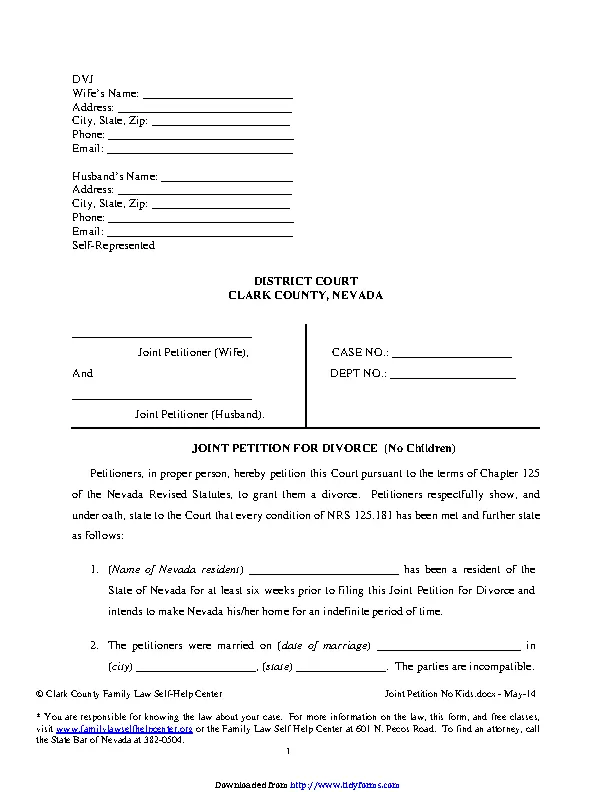 Nevada Joint Petition No Children Form - PDFSimpli