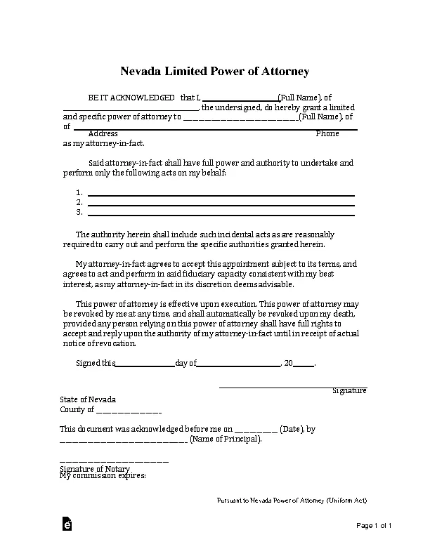 nevada limited power of attorney 1 - PDFSimpli