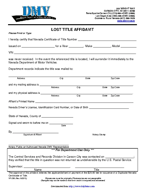 Nevada Lost Title Affidavit Form - PDFSimpli