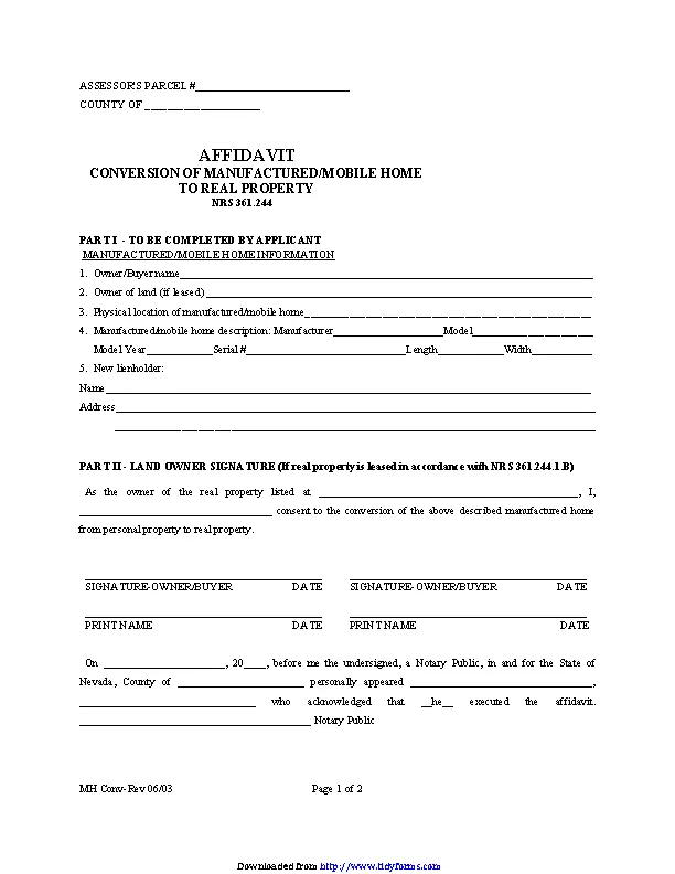 Nevada Manufactured Mobile Home Conversion Affidavit Form - PDFSimpli