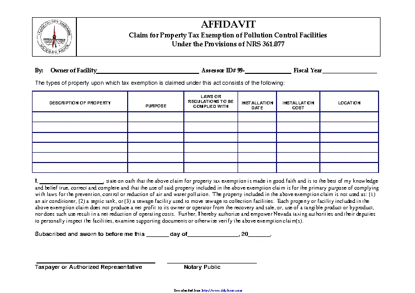 Nevada Pollution Control Affidavit Form - PDFSimpli
