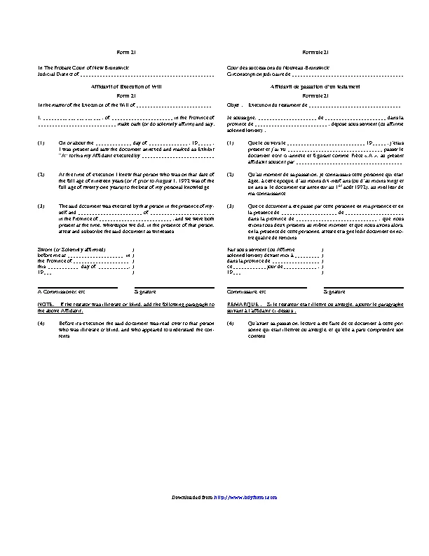 New Brunswick Affidavit Of Execution Of Will Form - PDFSimpli