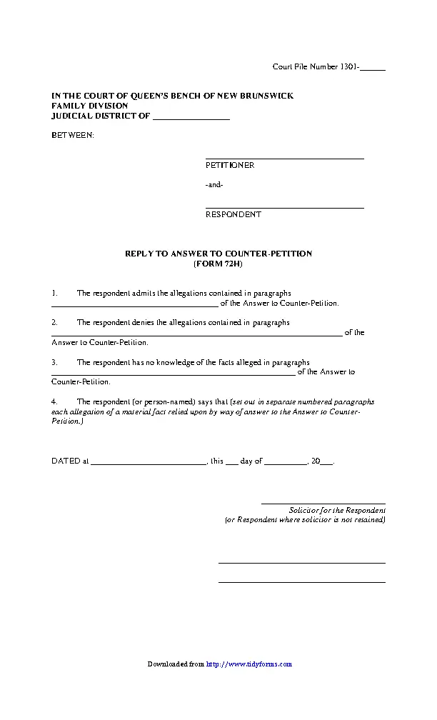 New Brunswick Reply And Answer To Counter Petition Form - PDFSimpli