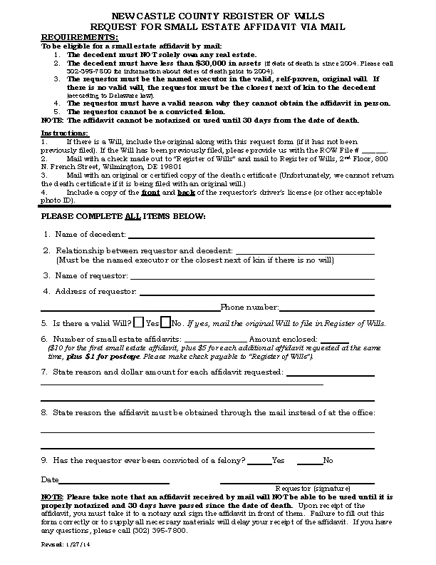 new castle delaware request for small estate affidavit - PDFSimpli