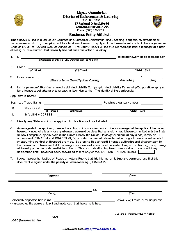 New Hampshire Business Entity Affidavit Form - PDFSimpli