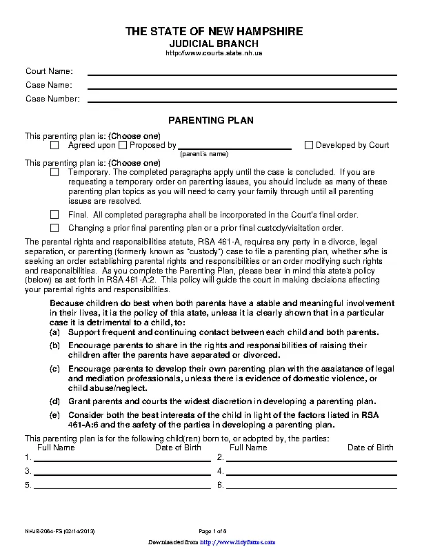 New Hampshire Parenting Plan Form - PDFSimpli