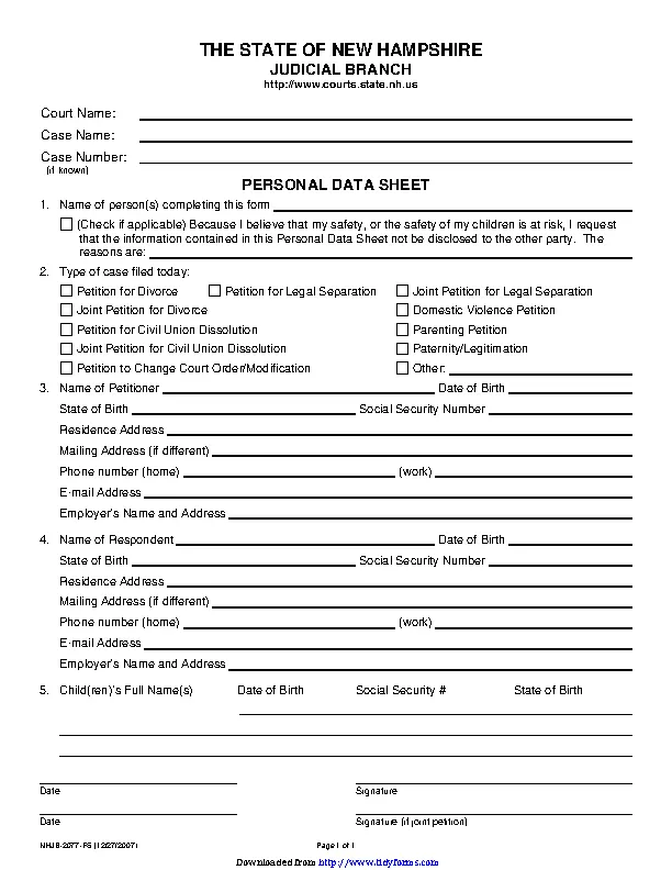 New Hampshire Personal Data Sheet - PDFSimpli