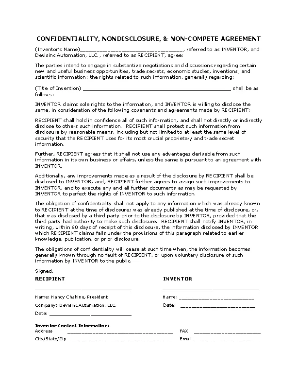 New Invention Non Disclosure Non Compete Agreement - PDFSimpli