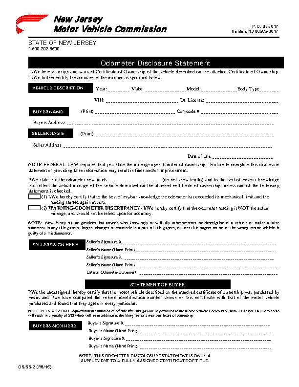 new jersey odometer dislcosure statement form OS SS 2 - PDFSimpli