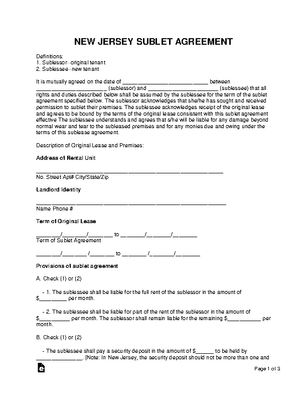 New Jersey Sublease Agreement Form - PDFSimpli