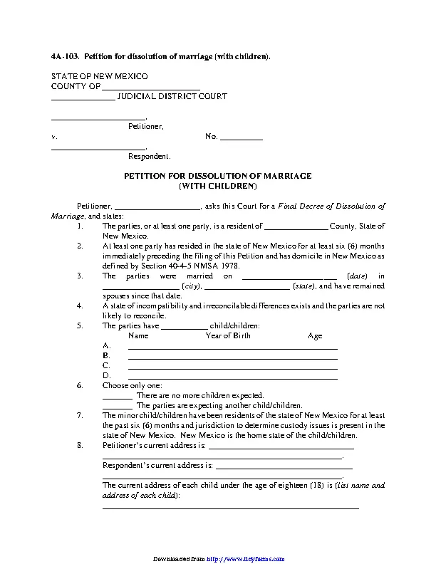 New Mexico Petition For Dissolution Of Marriage With Children Form - PDFSimpli