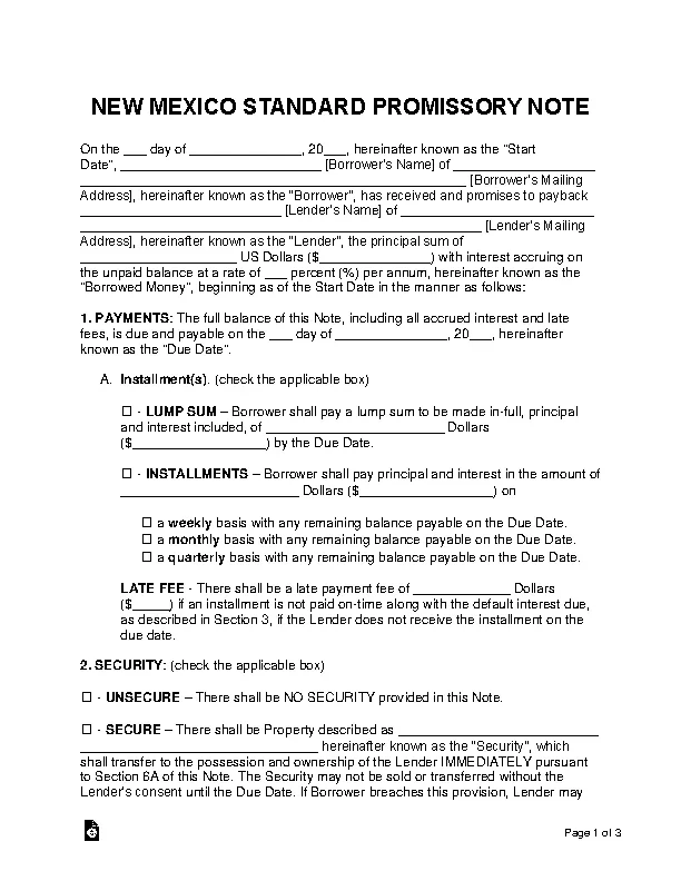 New Mexico Standard Promissory Note Template PDFSimpli