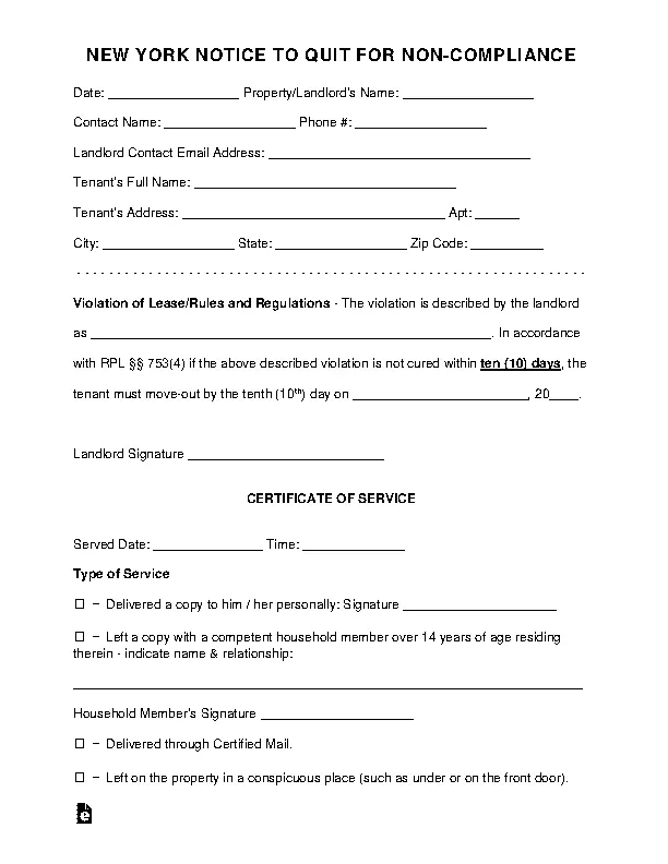 new york notice to quit noncompliance form - PDFSimpli