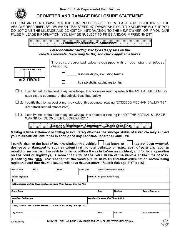 new york odometer disclosure statement form mv103 - PDFSimpli