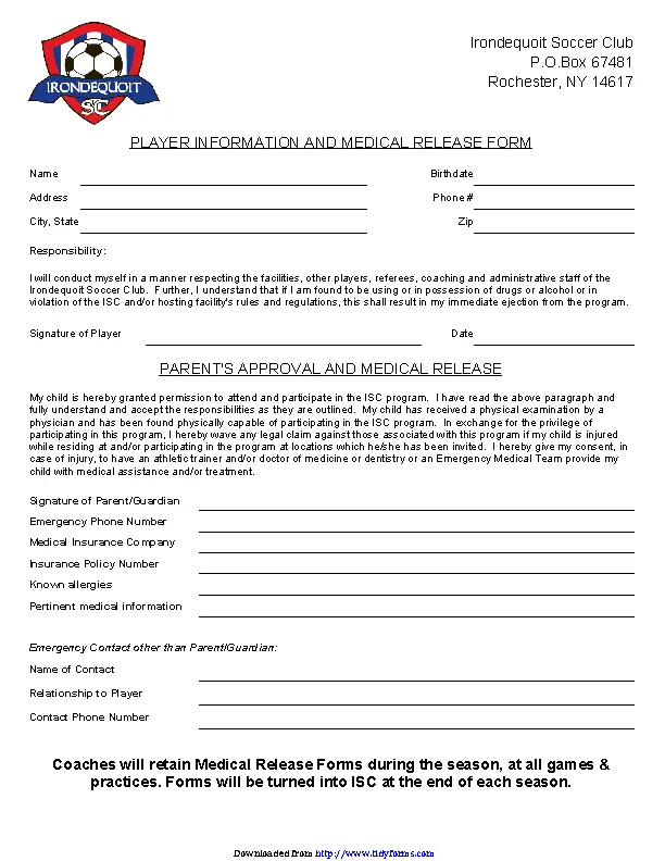New York Player Information And Medical Release Form - PDFSimpli