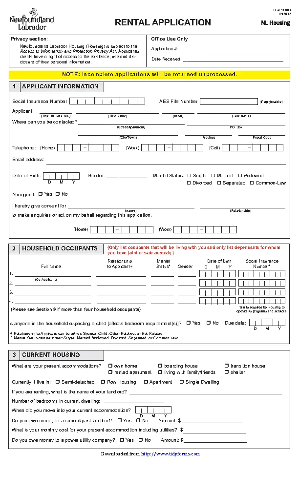Newfoundland And Labrador Rental Application Form - PDFSimpli