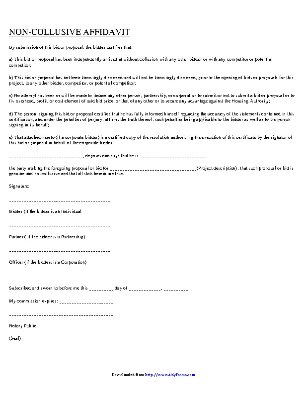 Non Collusive Affidavit - PDFSimpli