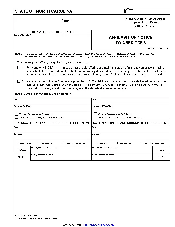 North Carolina Affidavit Of Notice To Creditors - PDFSimpli North Carolina Affidavit Of Notice To Creditors - PDFSimpli