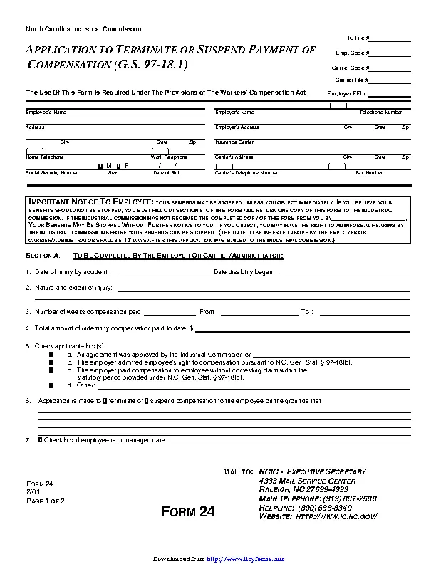 North Carolina Application To Terminate Or Suspend Payment Of Compensation - PDFSimpli