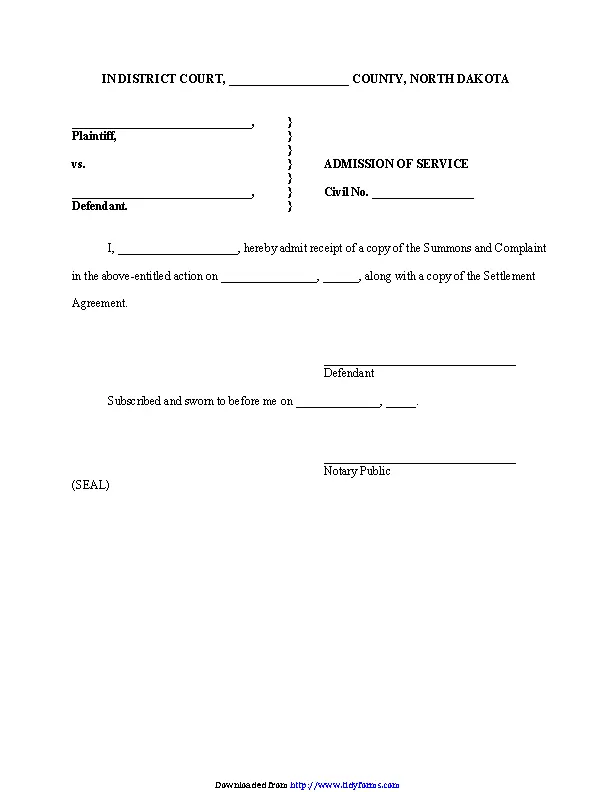 North Dakota Admission Of Service Form - PDFSimpli