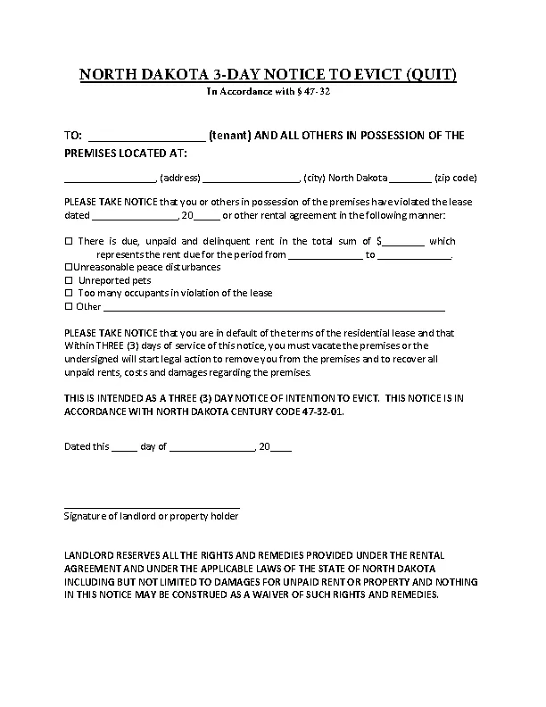north dakota notice to evict quit 3 days - PDFSimpli