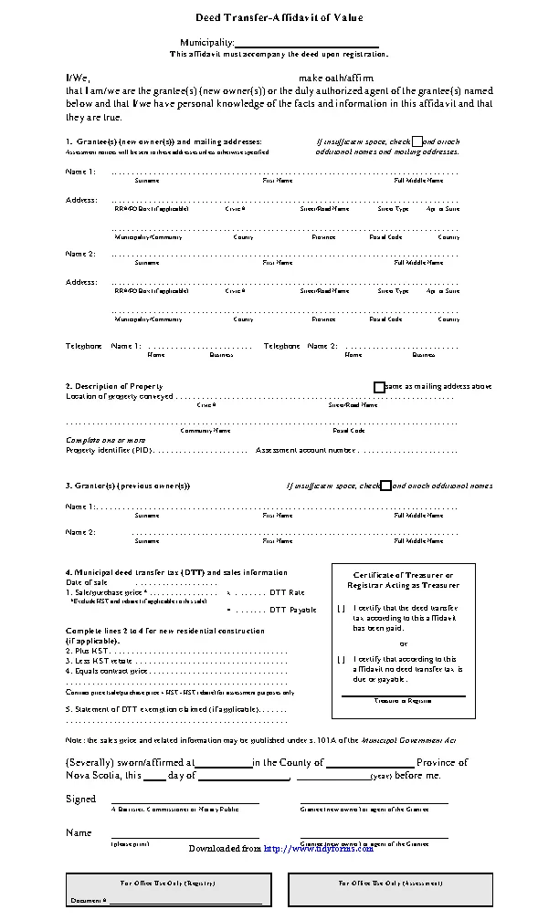 Nova Scotia Affidavit Of Value Form - PDFSimpli