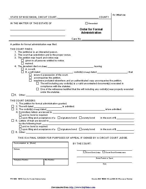 Order For Formal Administration - PDFSimpli
