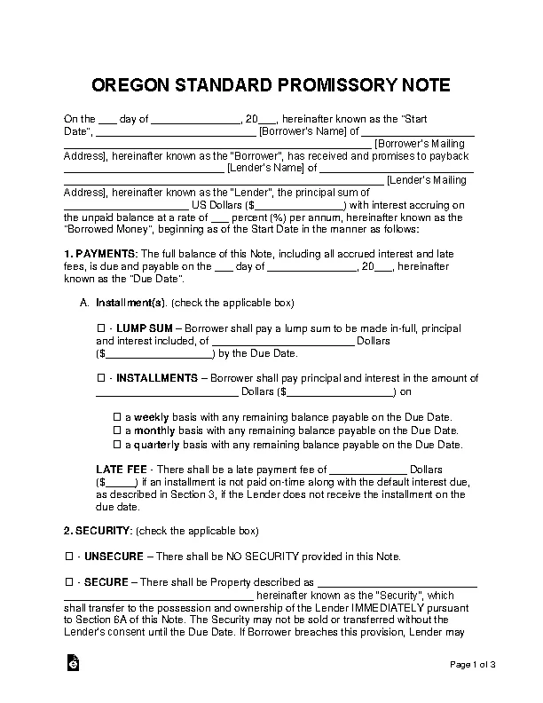 Oregon Standard Promissory Note Template PDFSimpli