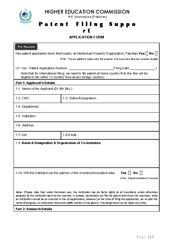 Patent Filling Support Application Form Word Document Download - PDFSimpli