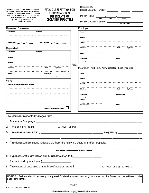 Pennsylvania Fatal Claim Petition For Compensation - PDFSimpli