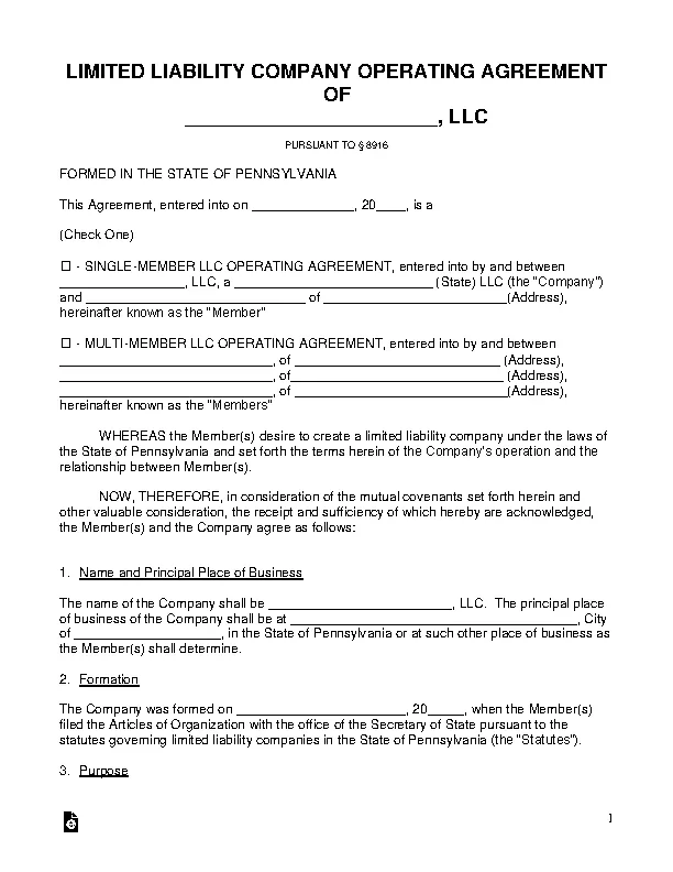 Pennsylvania Llc Operating Agreement Template PDFSimpli
