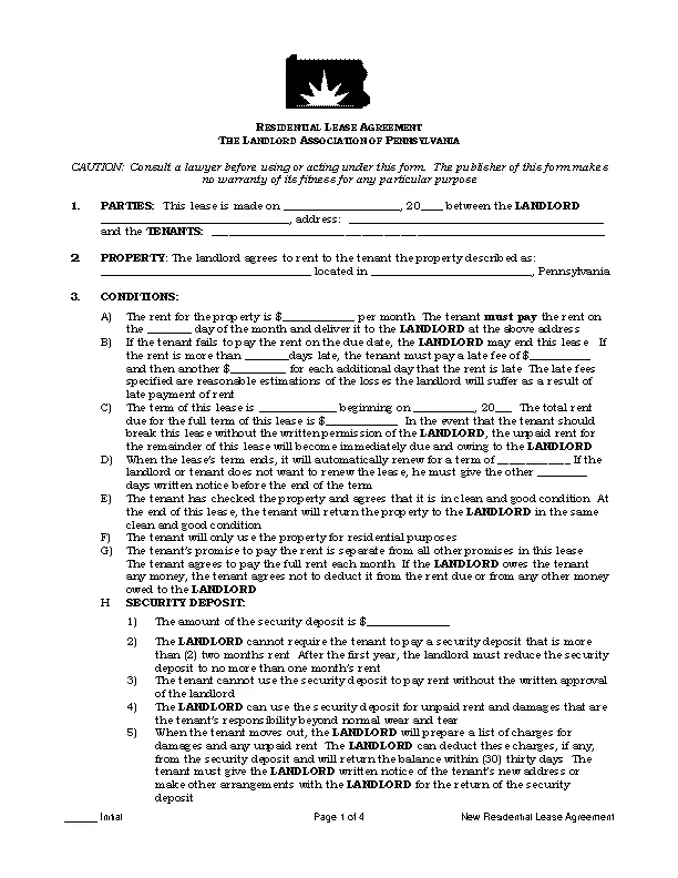 pennsylvania residential lease agreement landlords association - PDFSimpli
