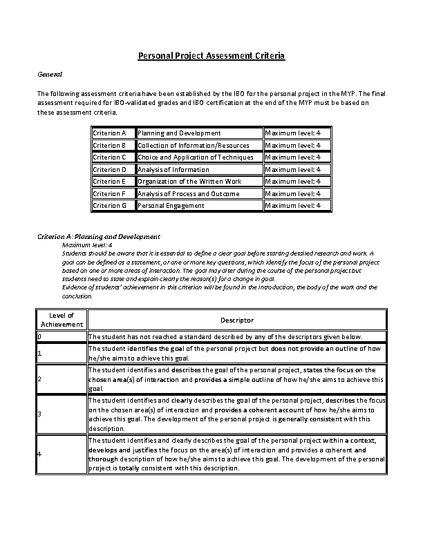 Personal Project Assessment Criteria - PDFSimpli