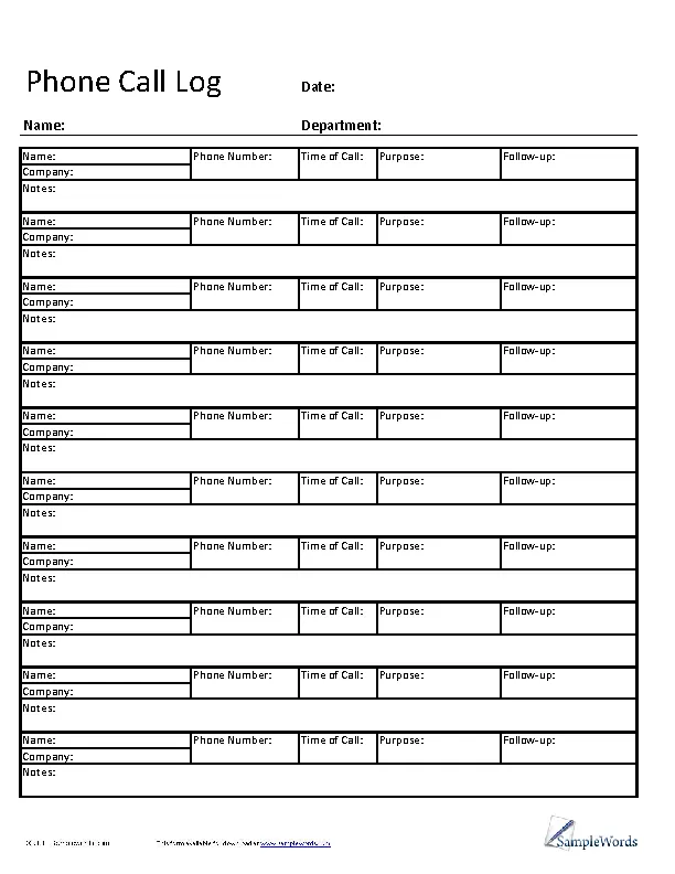Phone Call Log Sheet Template - PDFSimpli