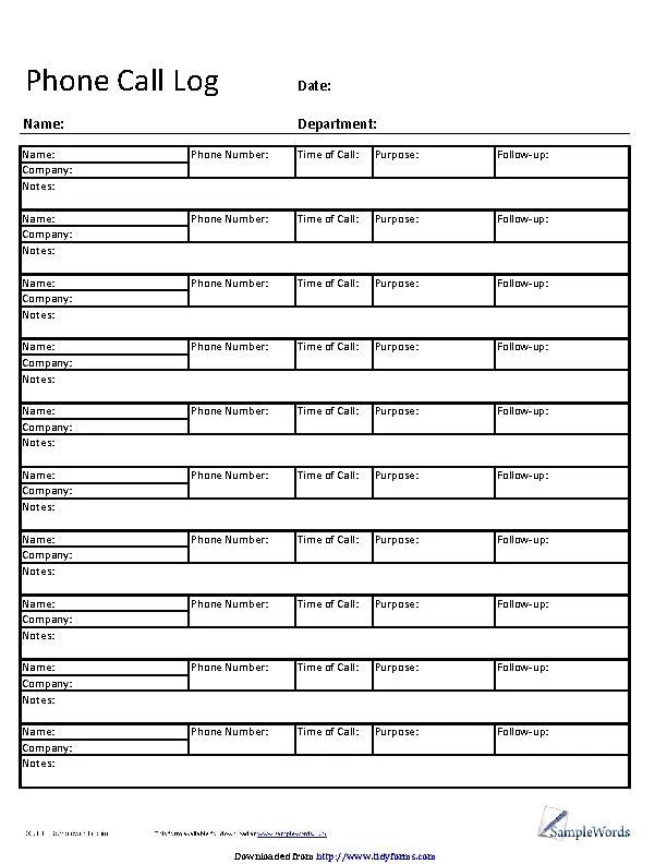 Phone Log - PDFSimpli