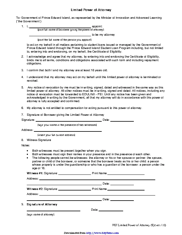 Prince Edward Island Limited Power Of Attorney Form - PDFSimpli