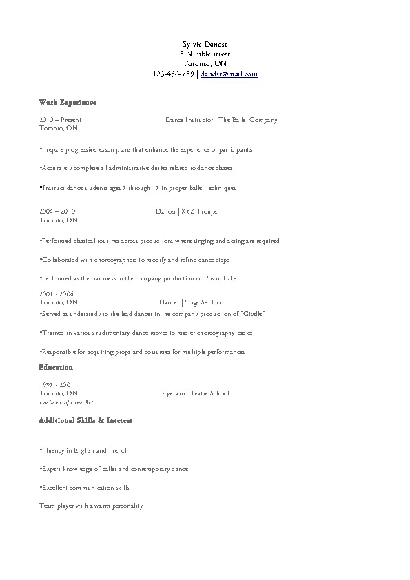Professional Dancer Resume - PDFSimpli