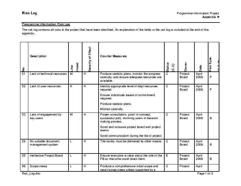 Programme Information Risk Log - PDFSimpli