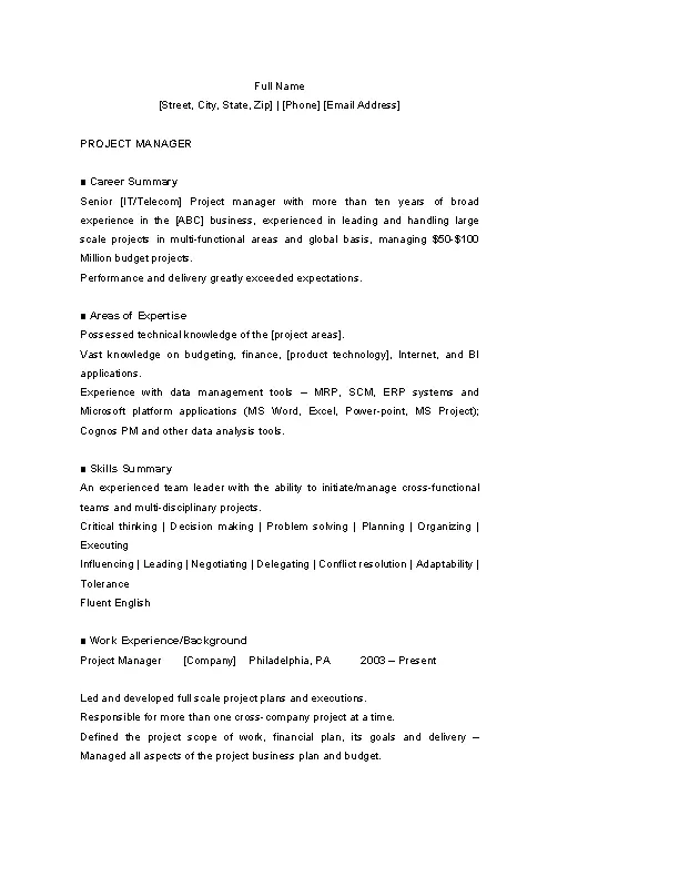Project Management Resume Sample - PDFSimpli