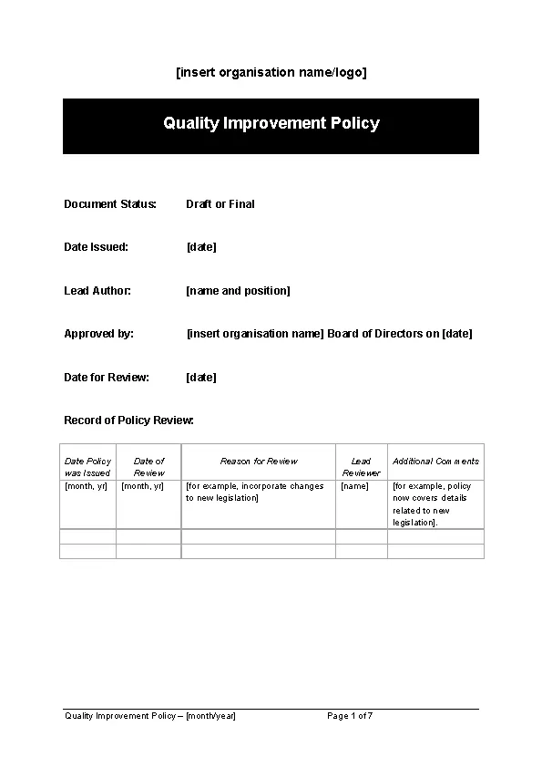 Quality Improvement Policy Template - PDFSimpli