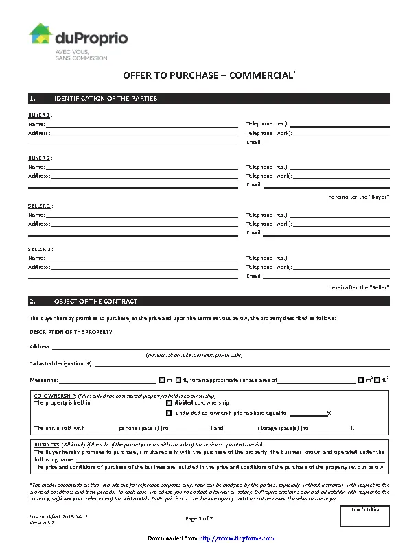 Quebec Offer To Purchase Commercial Form - PDFSimpli