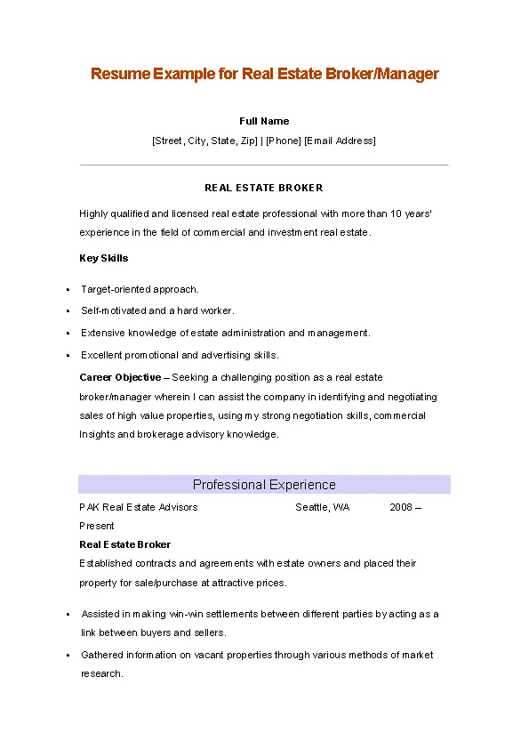 Resume Example For Real Estate Broker - PDFSimpli