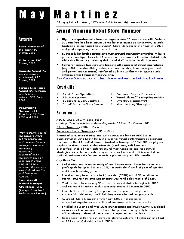 Retail Store Manager Cv Template - PDFSimpli