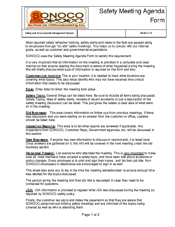 Safety Meeting Agenda Form Sample - PDFSimpli