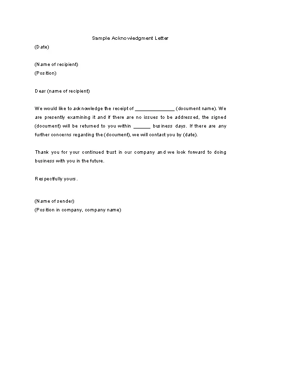 Sample Acknowledgment Letter - PDFSimpli
