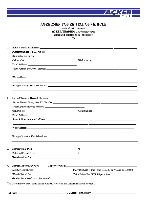 Sample Agreement Of Rental Of Vehicle - PDFSimpli