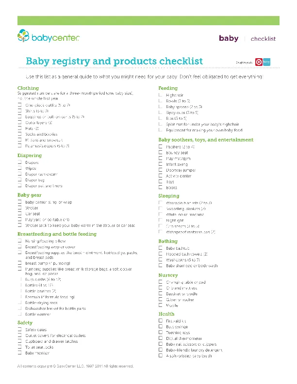 Sample Blank Essential Baby Registry And Products Checklist - PDFSimpli