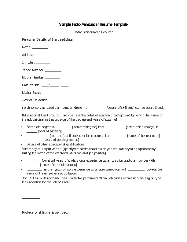 Sample Radio Announcer Resume Template - PDFSimpli