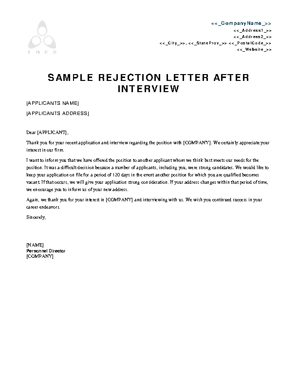 Sample Rejection Letter - PDFSimpli