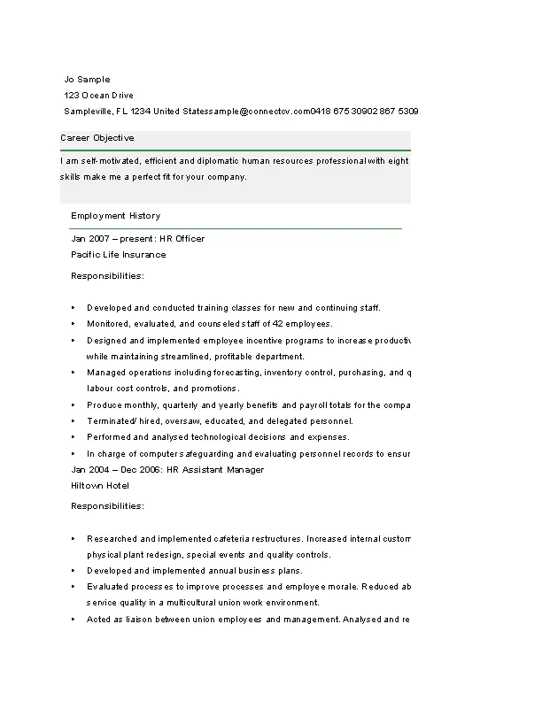 Sample Resume For Human Resources Officer - PDFSimpli